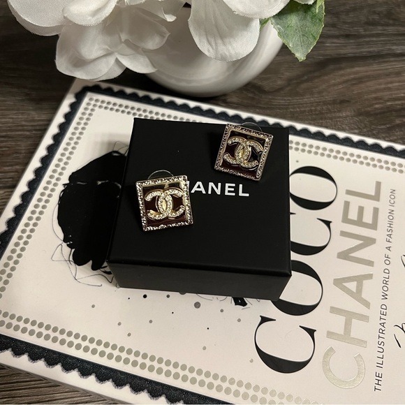 CHANEL | Jewelry | Chanel 223 Square Crystal Cc Stud Earrings | Poshmark